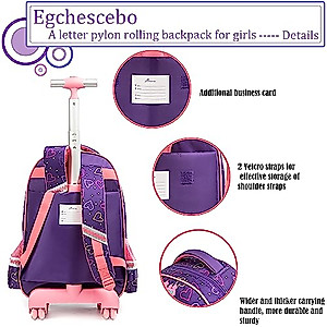 Egchescebo Kids Pylons Rolling Backpack for Girls 17" Suitcases Trolley Backpacks with Wheels 3PCS Luggage Backpacks Wheels with Lunch Box Pencil Case for Elementary Girl Travel School Bag Purple