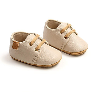 COSANKIM Baby Boys Girls Shoes Lace Up Leather Infant Sneakers Non Slip Rubber Sole Newborn Loafers Toddler First Walker Crib Shoes (0-18 Months), 6-12 Months Infant, A-Beige Baby Shoes