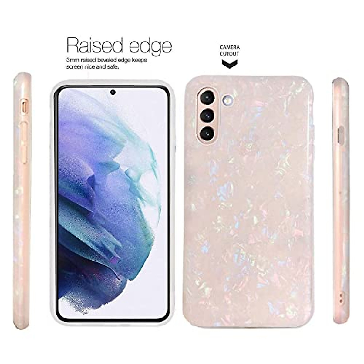J.west Galaxy S21 Case 5G 6.2-inch, Luxury Sparkle Glitter Translucent Clear Opal Pearly Thinfoil Design Shiny Graphic Print Soft Silicone Cover for Women Girls Slim TPU Protective Phone Case Colorful