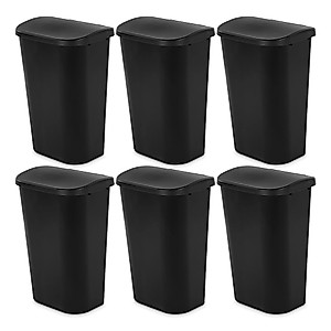 Sterilite 11.3 Gallon D Shape Flat Side Lift Top Lid Wastebasket Trash Can for Kitchen, Home Office, and Garage, or Workspace, Black (6 Pack)