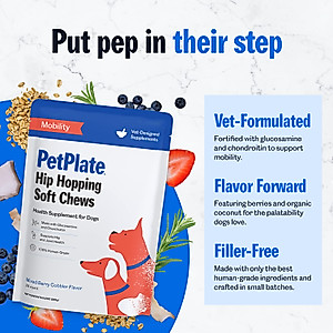 PetPlate Hip Hopping Soft Chews for Dogs, Hip and Joint Supplements, Organic and Human-Grade Ingredients, Mobility Support, Pet Supplies (Pack of 1, 9.8 Ounce)