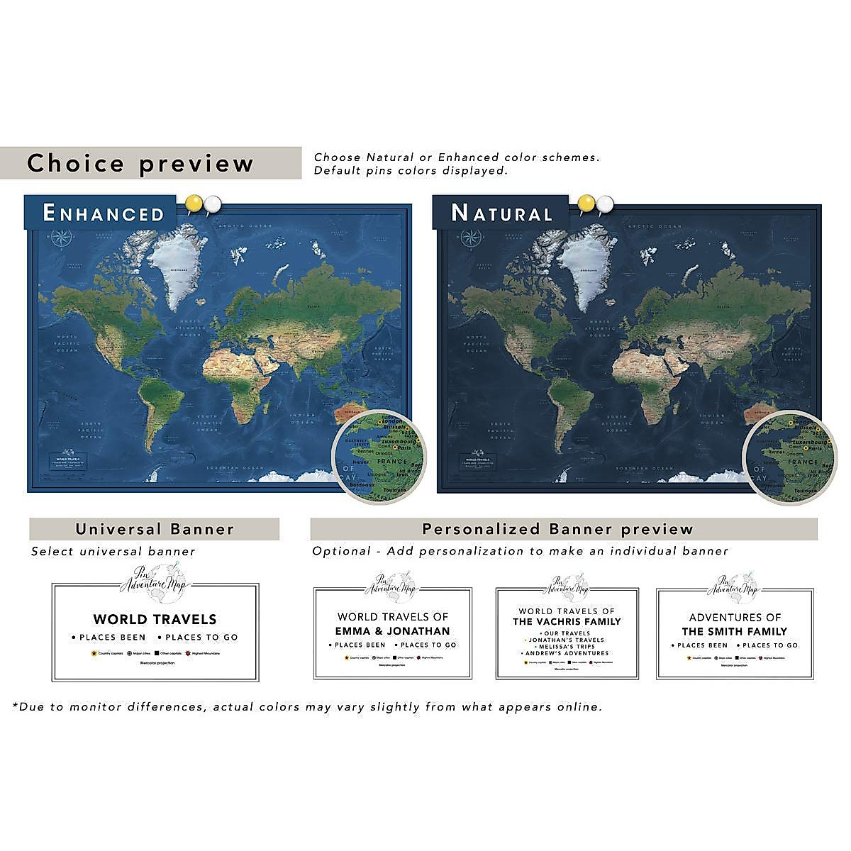 Modern World Satellite Wall Map with Push Pins | Push Pin Travel Map on Canvas | Personalized World Map with Pins | 24" x 32" up to 40" x 53"