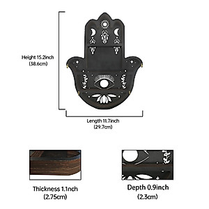 FNYDOX Hamsa Hand Crystal Shelf Display for Wall with 4 Hooks & LED Light, Wooden Knick Knack Display Shelf, Sun & Moon Gem Stone Rock Organizer Trinket Storage Holder