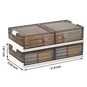 XIYAO 2 Pack under bed storage containers with wheels,60Qt plastic Stackable Collapsible storage bins with Dual-Hinged Lids for Bedroom Clothes Shoes Blankets(6.9" H)