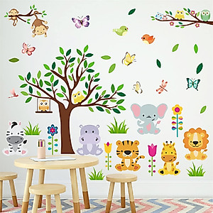 Cartoon Animal Wall Stickers Forest Tree Animal Wall Stickers Jungle Animal Wall Decals Woodland Animal Wall Decals Cute Zoo Animal Wall Stickers for Kids Room Playroom Nursery Decor