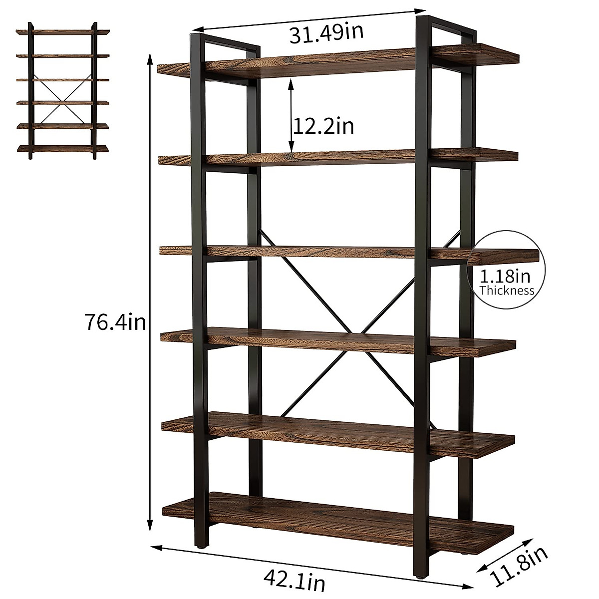 AY-AOYUAN Solid Wood Bookcase and Book Shelves Wood and Metal Shelving Unit 5 Tier Bookshelf Modern Rustic Open Bookshelf Office,Distressed Brown (AY-02-6Tier)