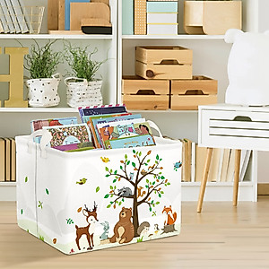 Clastyle Woodland Animals Bear Fox Raccoon Tree Baby Gift Storage Basket Deer Owl Collapsible Rectangular Shelf Basket Toy Book Clothes Towel Storage Bin for Nursery