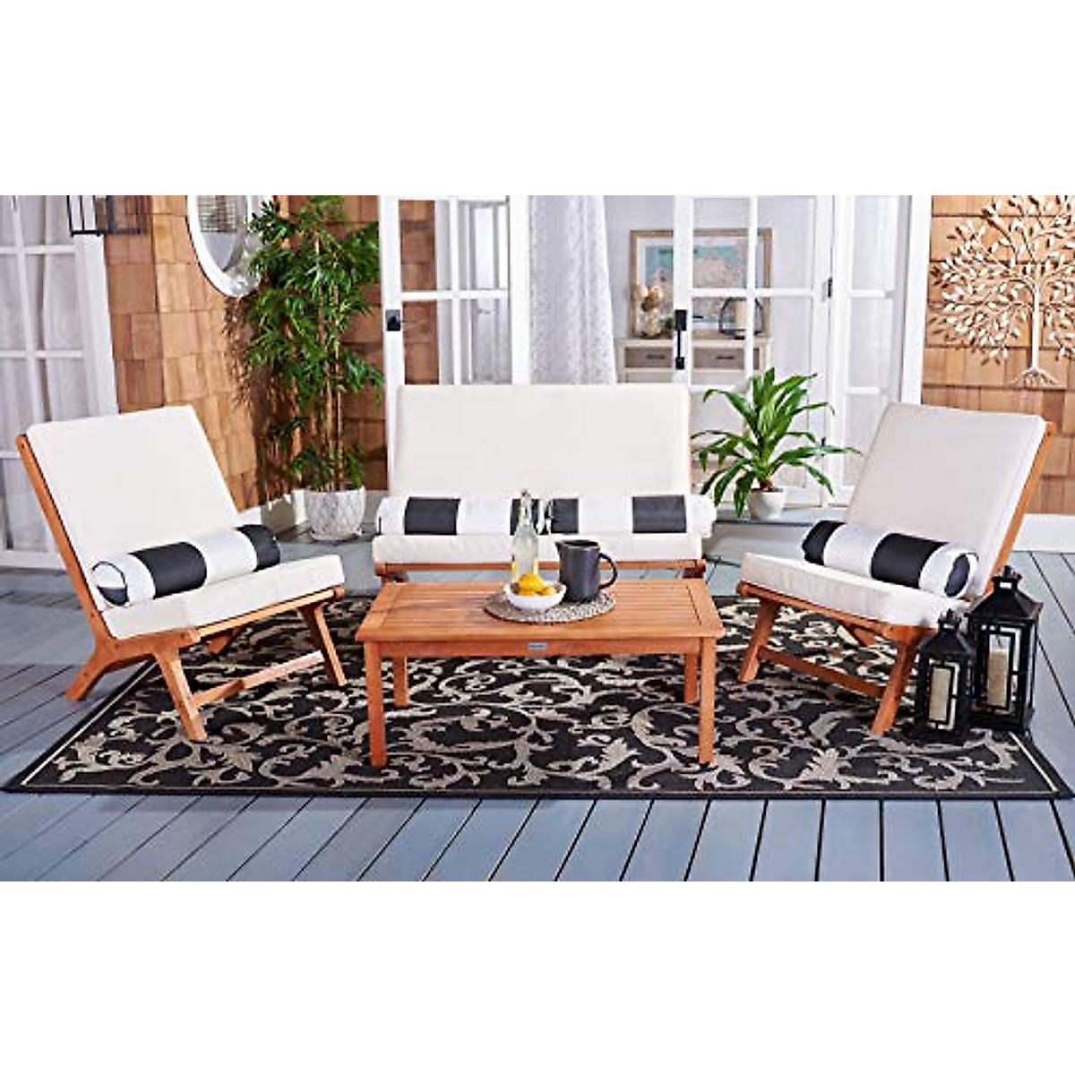SAFAVIEH Outdoor Collection Chaston Natural and Beige 4-Piece Set with Black & White Pillows