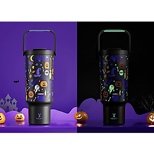 Meoky 40 oz Halloween Tumbler with Handle and Straw, Glow in the Dark Insulated Water Bottle, Stainless Steel Travel Mug, Keeps Cold for 34 Hours, Fits in Car Cup Holder (Haunted Pumpkin)