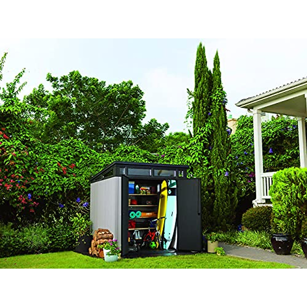 Keter Artisan 7x7 Foot Outdoor Shed with Floor-Modern Design for Patio Furniture Lawn Mower, Tools, and Bike Storage, Grey