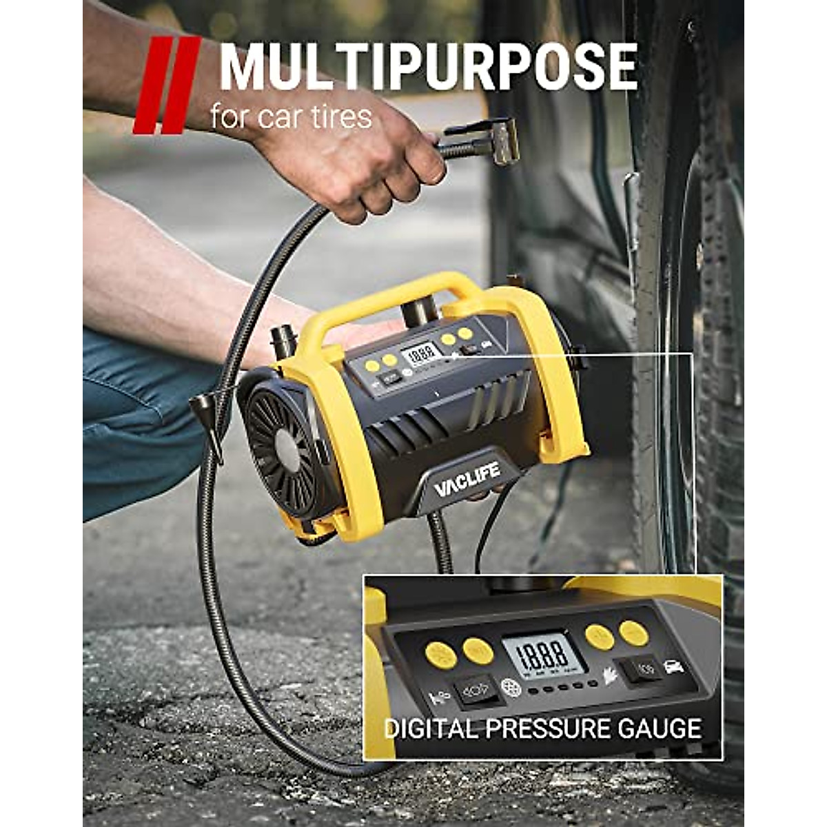 VacLife Tire Inflator Portable Air Compressor - 12V DC/120V AC Car Tire Pump for Air Mattress Beds, Boats with Inflation and Deflation Modes, Dual Powerful Motors, Model: ATJ-6588, Yellow (VL758)