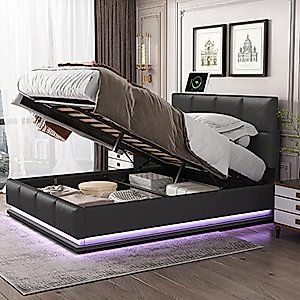 Anwickhomk Queen Size Lift Up Storage Bed/with Storage and LED Light Button Tufted Wingback Headboard and USB Charger, Hydraulic Storage System for Kids Teens and Adults, No Box Spring Needed (Black)