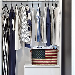 Storage Baskets Bin, Old American USA Flag Collapsible Canvas Fabric Storage Bin Decorative Baskets Toy Organizer Rectangle Storage Boxes with Handles for Home Shelves Nursery,1Pack