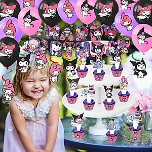 Kuromi Birthday Party Supplies, Party Decorations Set Include Banner, Backdrop, Balloons, Hanging Swirls, Cake Cupcake Toppers, Tablecloth for Girls Kuromi Theme Party