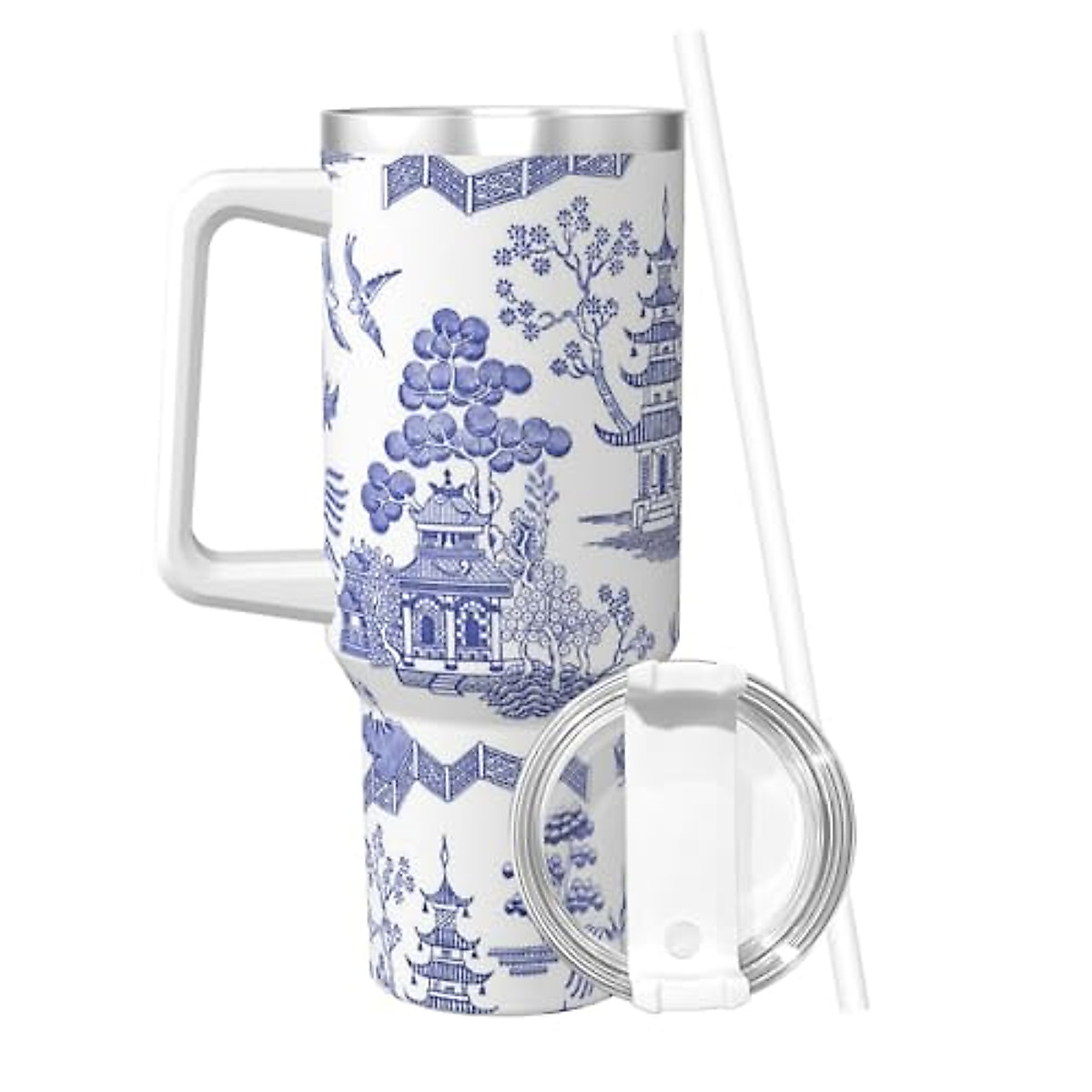 Xiexide 40oz Rustproof Hiking Tower Spring Chinese Folk Chinoiserie Style Double Walled Vacuum Insulatedith Handle And Straw,Hot & Cold Drinks