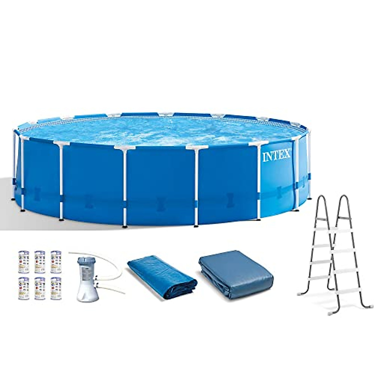 Intex Metal Frame 15' x 48" Round Above Ground Swimming Pool Set with Filter Pump, Ladder, and Cover with Maintenance Accessory Vacuum and Skimmer Kit