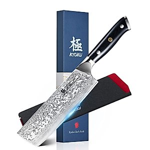 KYOKU Gin Series Nakiri Knife, 7" Vegetable Knife, Japanese VG10 Damascus Stainless Steel Kitchen Knife with Silver Ion Blade G10 Handle & Mosaic Pin, Professional Chef Knife for Veg Fruit Meat