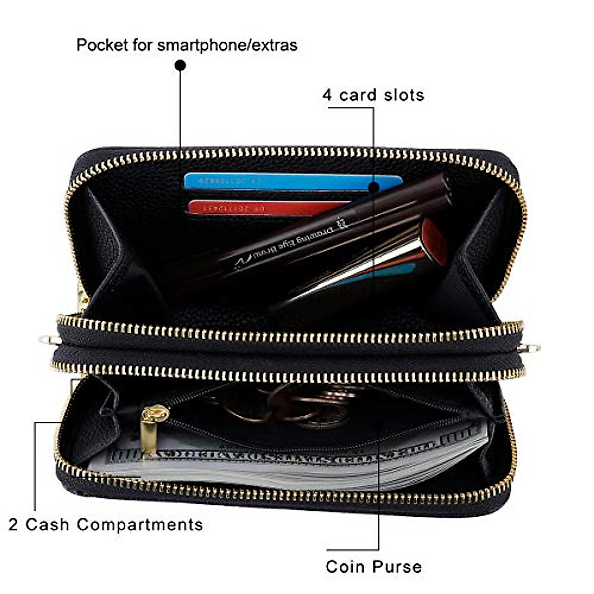 HAWEE Wristlet Clutch Wallet for Women Shoulder Bag with Chain Strap Cell Phone Purse, Black