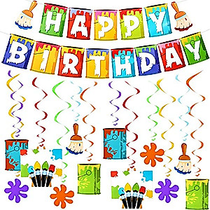 Shappy 25 Pieces Art Painting Party Decorations Includes 1 Happy Birthday Art Banner 12 Painting Birthday Card and 12 Art Hanging Swirl for Art Painting Theme Birthday Party Supplies Baby Shower