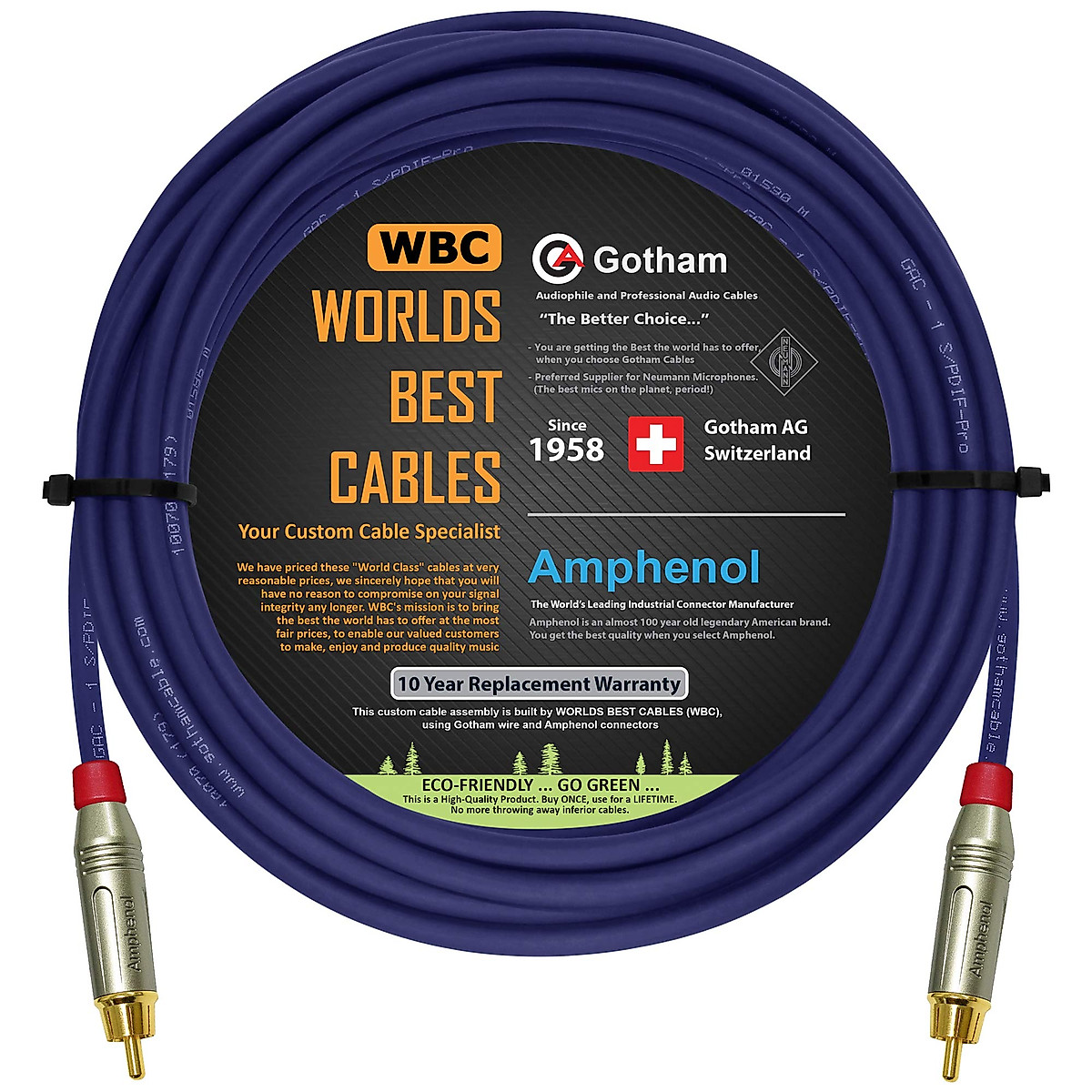 WORLDS BEST CABLES 40 Foot SPDIF Cable – Gotham GAC-1 S/PDIF-Pro (Ultrablue) High-End Silver Plated LCOFC Digital Audio Interconnect Cable & Amphenol ACPR-SRD Gold RCA Plugs - CUSTOM MADE