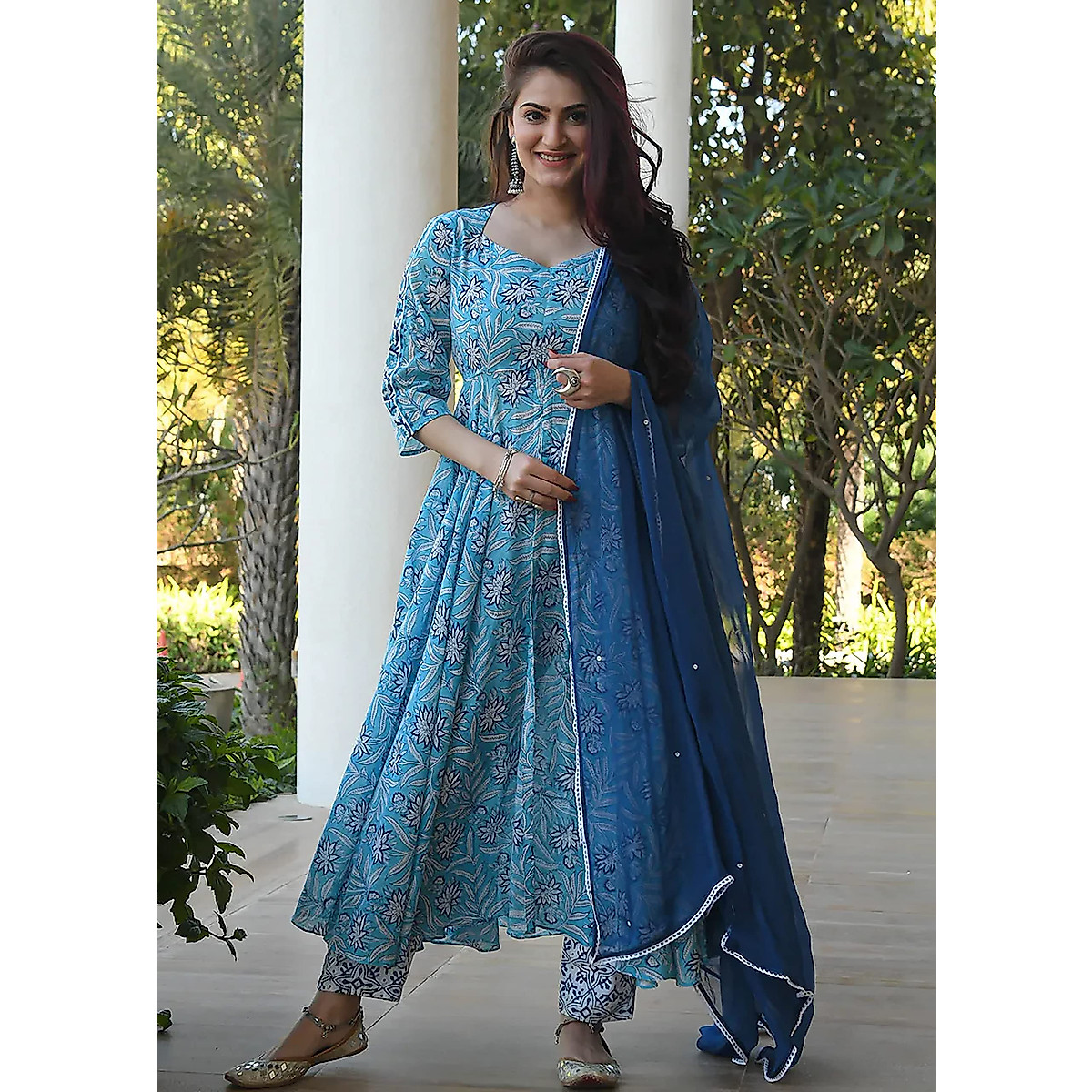 Elina fashion Indian Kurti for Womens With Pant & Dupatta | Rayon Printed Long Kurta Partywear Kurtis Tunic Tops Cyan