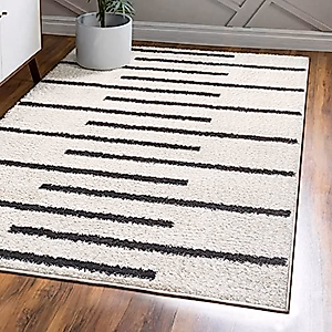 JONATHAN Y MOH402A-8 Alaro Berber Stripe Shag Indoor Area-Rug Bohemian Geometric Contemporary Glam Easy-Cleaning Bedroom Kitchen Living Room Non Shedding, 8 X 10, White/Black