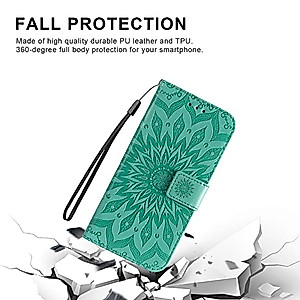 YADASON Compatible with Oppo Reno 6 Pro Plus 5G Wallet Case, Embossed Sunflower Pattern Magnetic Premium PU Leather [Kickstand] [Card Slots] [Wrist Strap] Phone Cover (Green)