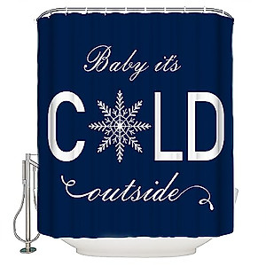 Shower Curtains for Bathroom, Christmas Waterproof Fabric Shower Curtain with Hooks, Water Repellent Bath Curtain for Home Hotel Bathtub Decor 36 x 72inch Cold Winter Snowflakes Blue Backdrop