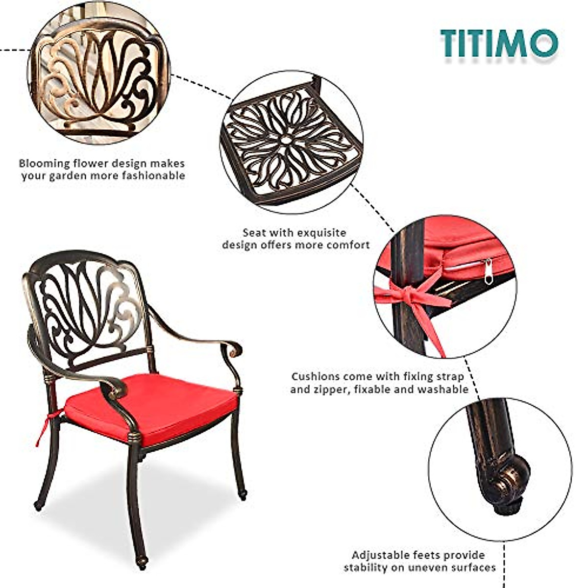 TITIMO 5 Piece All-Weather Cast Aluminum Outdoor Patio Deck Dining Set w/Round Table and 4 Chairs, Red Cushions, Umbrella Hole - Deep Bronze