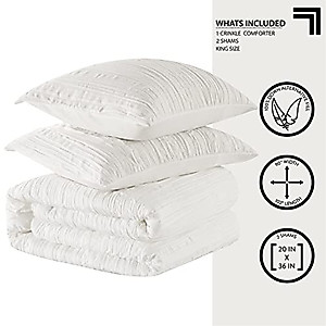 SHARPER IMAGE All Season Down Alternative Crinkle 3 Piece Comforter and Sham Set -Made with Recycled Fibers, King, White