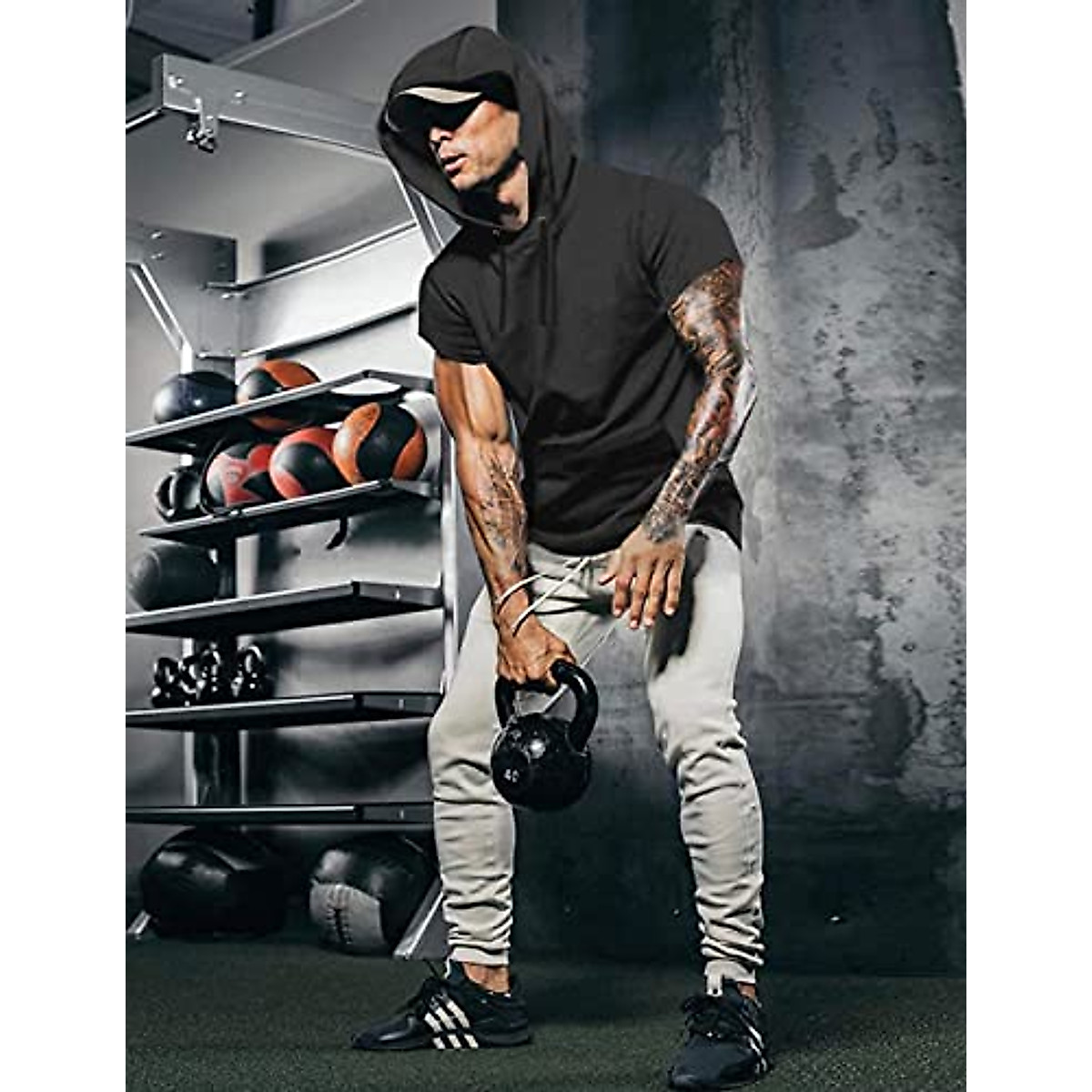 COOFANDY Men's Gym Hoodies Short Sleeve Cotton Athletic Workout Bodybuilding T Shirt Hooded Sweatshirt with Pocket Black
