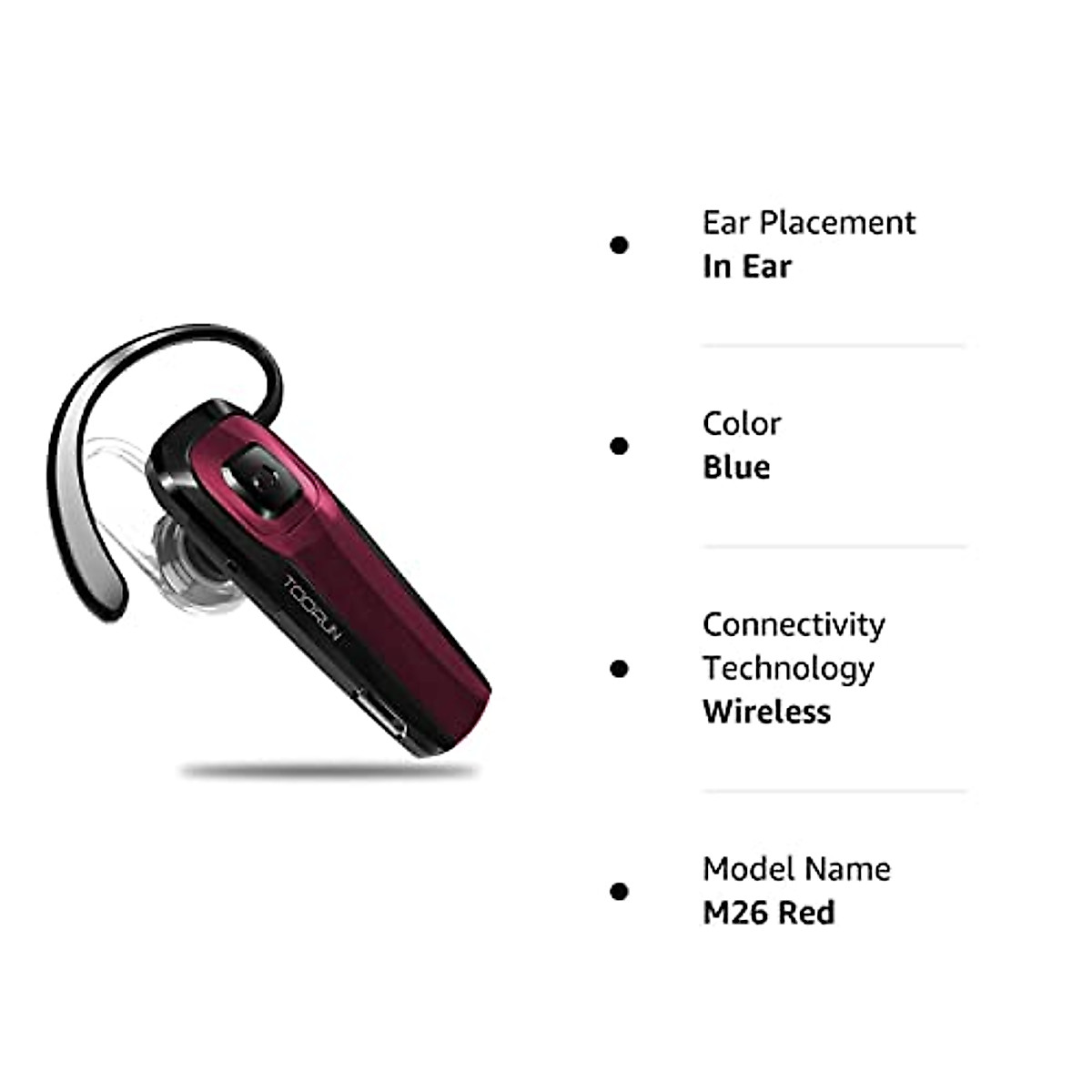 TOORUN Bluetooth Earpiece, M26 Bluetooth Headset Handsfree Wireless Headphone with Noise Cancelling and Microphone Compatible for Android iPhone Cell Phone Laptop - Red