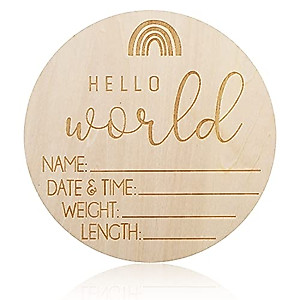 AIEX Wooden Baby Announcement Sign, Birth Announcement Sign Round Wooden Newborn Welcome Sign Hello World New Baby Name Announcement Sign for Girl Boy Photo Prop Baby Shower Nursery Hospital