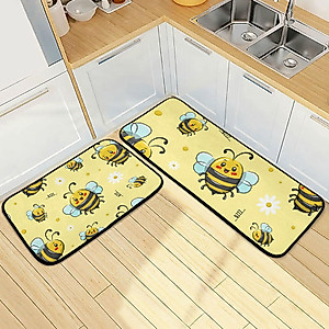 JIPONI Cute Honey Bee Cartoon Kitchen Rugs Set of 2 Pieces, Non Slip Cushioned Anti Fatigue Mats for Kitchen Floor, 19.7" X27.6+19.7" X47.2 Heavy Duty Comfort Standing Mats