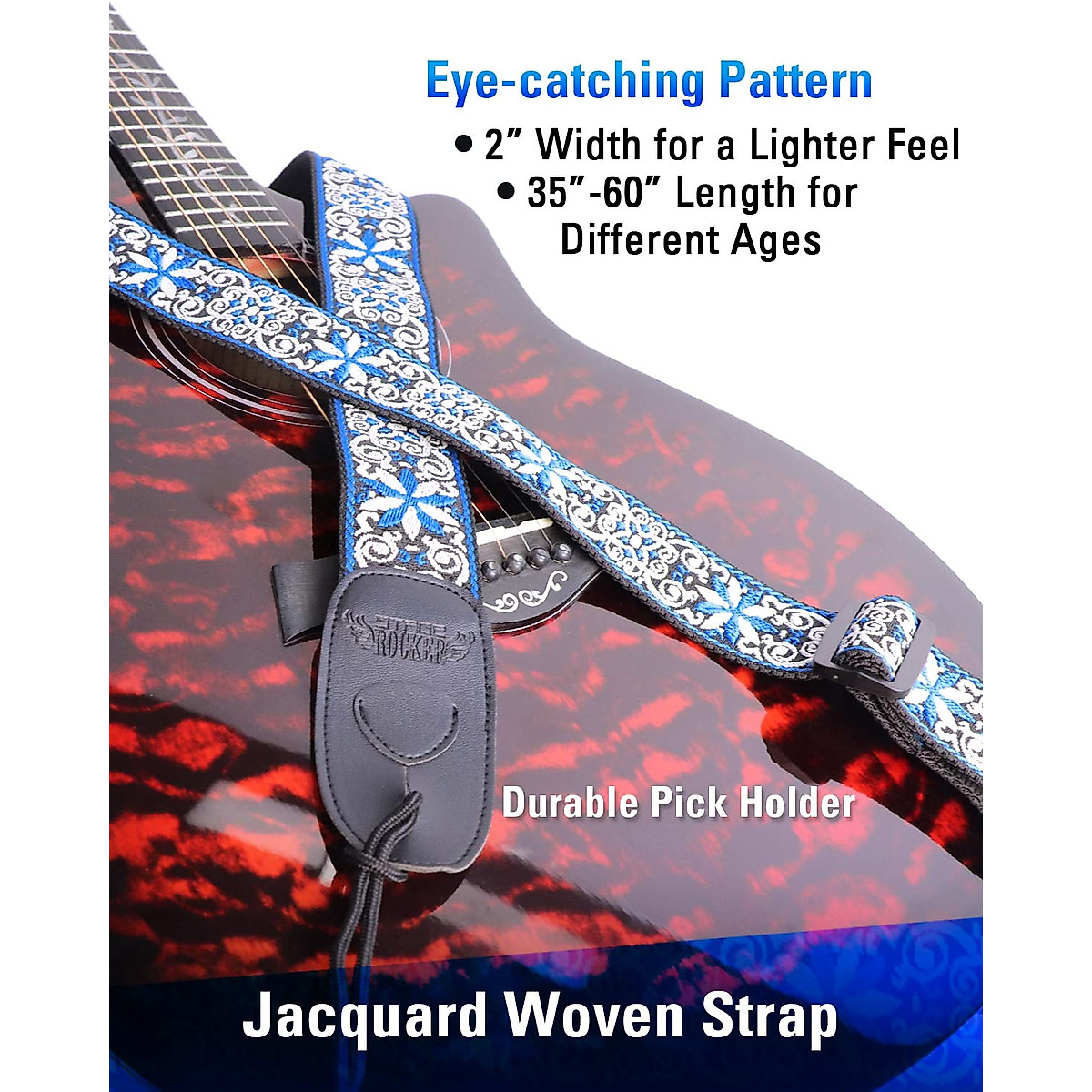 Stage Rocker Guitar Accessories Gift Box for Acoustic and Electric Guitars, Blue Jacquard Weave Guitar Strap, Picks, Capo, Tuner, Cleaning Cloth, 5-in-1 Essential Gift