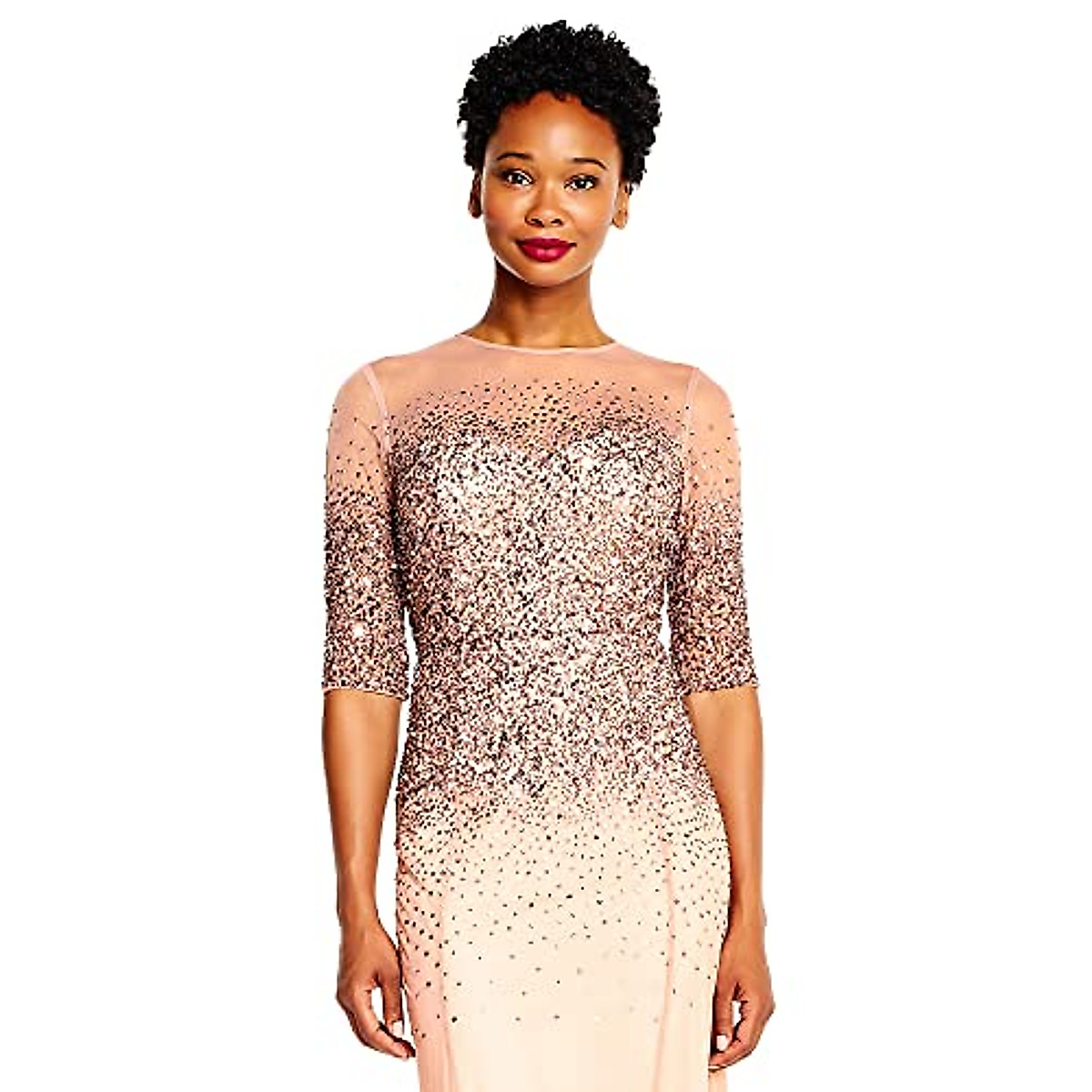 Adrianna Papell Women's Dresse's 3/4 Sleeve Beaded Illusion Gown with Sweetheart Neckline, Rosegold, 10