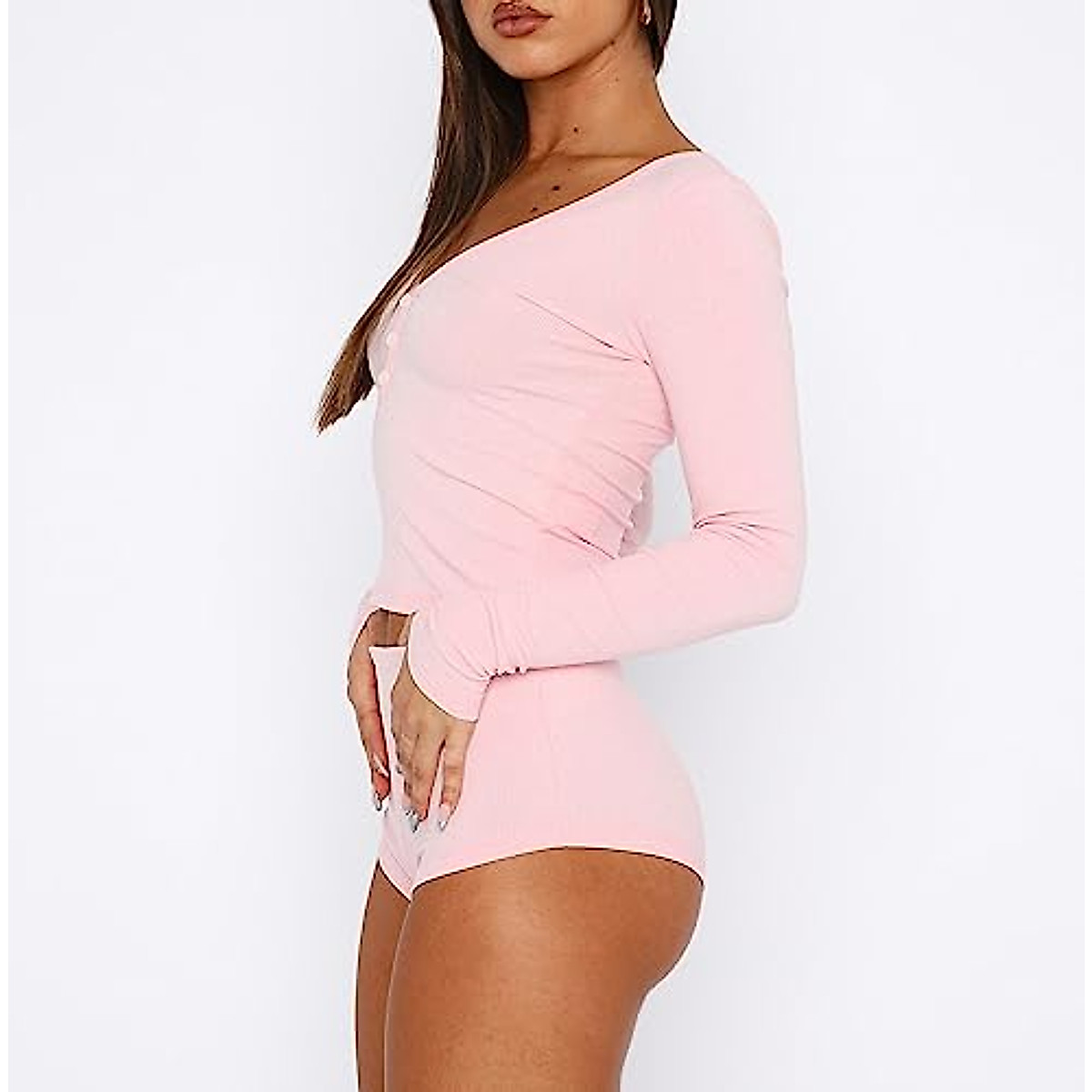 NUFIWI Women Knitted 2 Piece Outfits Pajamas Long Sleeve Slim Fit Shirt Top High Waist Shorts Y2k Lounge Sleepwear Set(B Pink 12,Small)