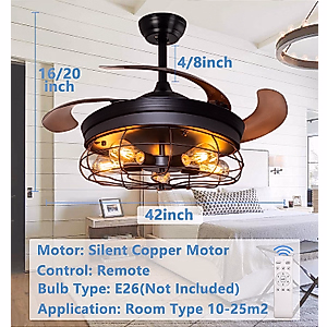 Ohniyou Retractable Blades Ceiling Fan with Lights and Remote, Rustic Industrial Ceiling Fan Ideal for Farmhouse, Patio, Kitchen, Bedroom, Living Room (42 Inches, Black)