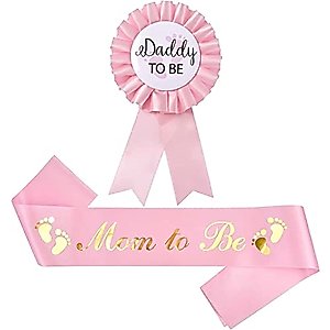 Akebrog Baby Shower Mom To Be Sash And Tinplate Badge Daddy To Be Combo Kit,Baby Gender Reveal Party Gifts (Light Pink)