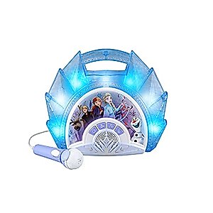 eKids Frozen Sing Along Boom Box Speaker with Microphone for Fans of Frozen Toys for Girls, Kids Karaoke Machine with Built in Music and Flashing Lights , Blue, 3.5mm Audio Jack