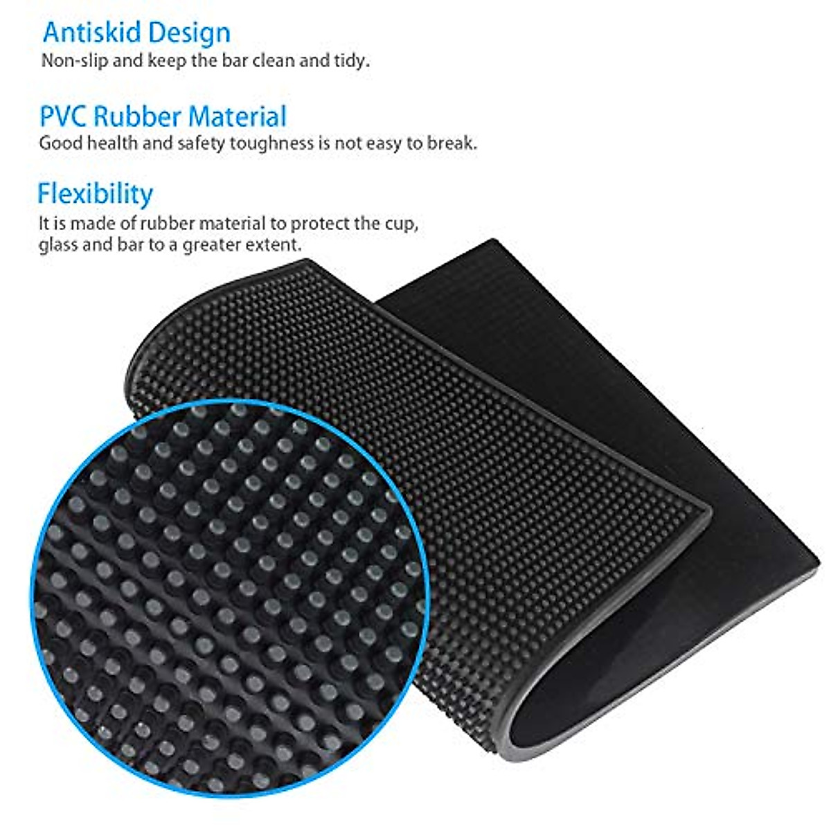 Bar Service Mat, Rubber Salon Mat Large Square 17.7" x 11.8" Flexible PVC Kitchen Drink Service Mat, Non-Slip Heat Resistant Heavy Duty Dish Drying Pad Rectangle Waterproof Drip Mat Black