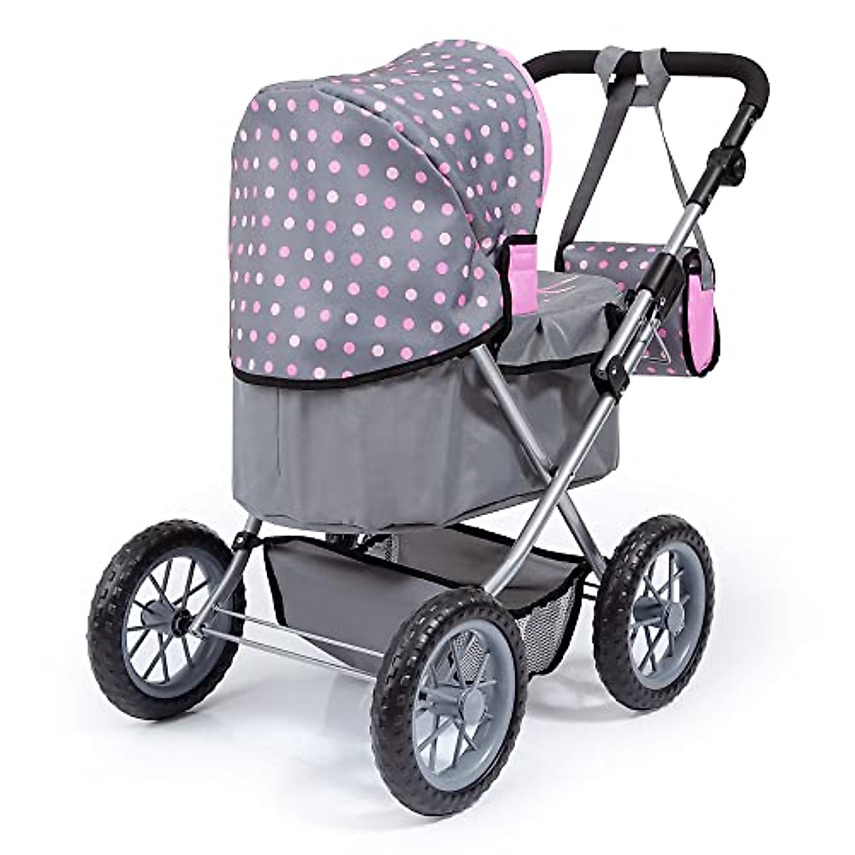 Bayer Design Dolls: Trendy Pram - Grey, Pink, Dots - Includes Shoulder Bag, Fits Dolls Up to 18", Adjustable Handle, Kids Pretend Play, Shopping Basket, Easy to Fold, Ages 3+