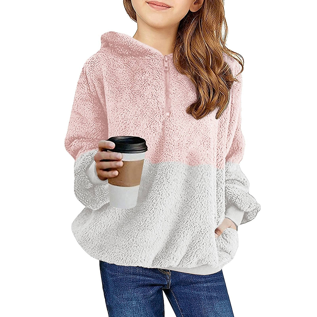 Haloumoning Girls Fuzzy Fleece Pullover Hoodies Sweatshirt Casual Loose Outwear Coat with Pockets 10-11 Years