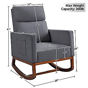 Yaheetech Rocking Chair Nursery Upholstered Glider Chair with Rubber Wood Legs Side Pocket, Rocking Accent Armchair for Living Room, Gray