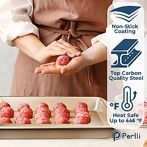 Perlli Baking Pan 10 Piece Set Nonstick Gold Steel Oven Bakeware Kitchen Set with Silicone Handles, Cookie Sheets, Round Cake Pans, 9x13 Pan with Lid, Loaf Pan, Deep Pan, Pizza Crisper, Muffin Pan