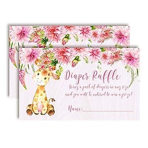 Amanda Creation Watercolor Dahlia Floral Giraffe Diaper Raffle Tickets for Girl Baby Showers, 20 2" X 3” Double Sided Insert Cards for Games, Bring a Pack of Diapers to Win Favors & Prizes!