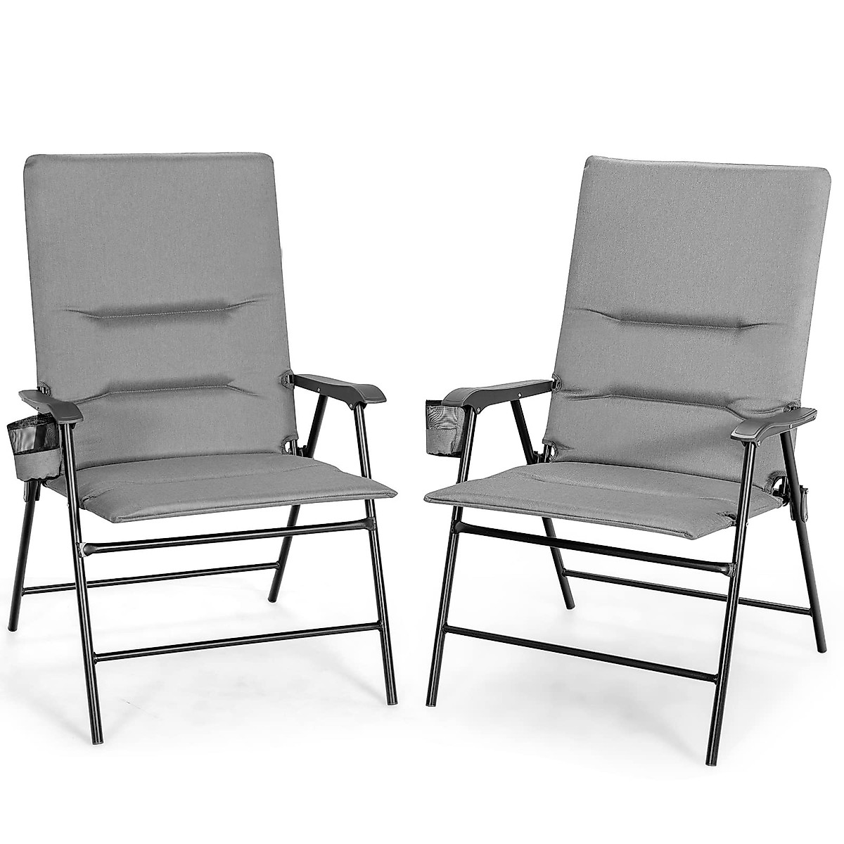 Tangkula Patio Chairs Folding Set of 2, No Assembly High Back Cushioned Heavy Duty Steel Frame Outdoor Chair with Cup Holder, Supports up to 330lbs, for Camping, Lawn, Garden, Yard, Picnic (Grey)