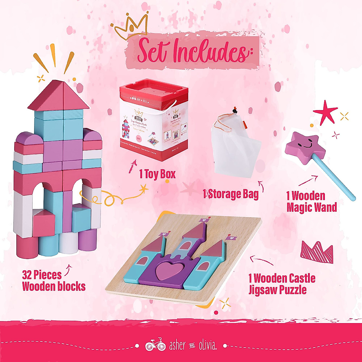 Large Building Wooden Blocks for Babies and Toddlers- 1-3 Years with Princess Castle Wooden Jigsaw Puzzles & Wand- Educational Montessori Fairytale Building Blocks for Toddlers