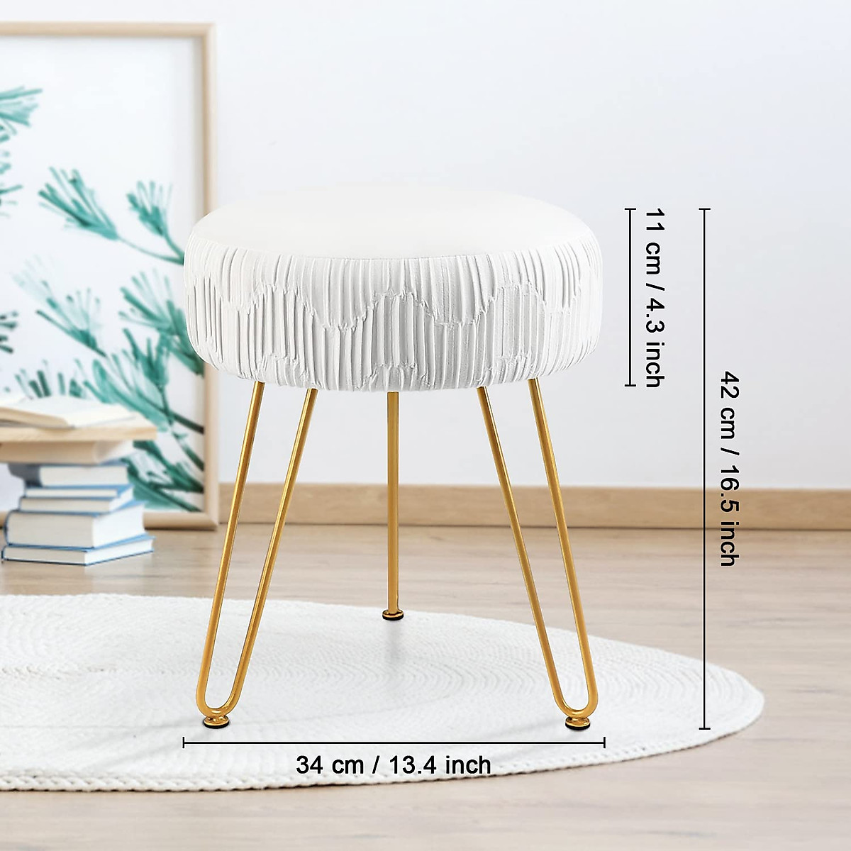 TOUCH-RICH Stripe Velvet Vanity Chair Round Ottoman,Upholstered Vanity Makeup Footstool Side Table Dressing Chair with Golden Metal Legs (White, Round-Normal)