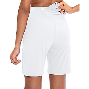 SANTINY Bermuda Shorts for Women with Zipper Pocket Womens High Waisted Long Shorts for Running Workout Athletic(White_S)